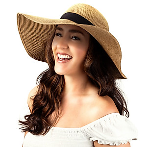 Women Floppy Sun Hat with Wide Brim—Foldable Roll-Up Straw Beach Hat UPF 50 Khaki