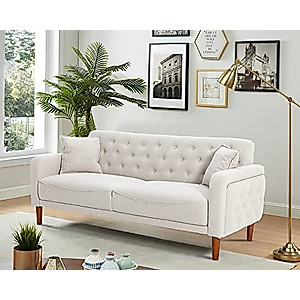Aoowow Linen Fabric Sofas and Couches 78 Inches Long, Mid Century Modern Couch Tufted Back Sofa with 2 Throw Pillows, Armrest and Wooden Legs for Living Room, Apartment, Bedroom (Beige)