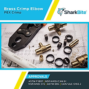 SharkBite 1/2 Inch Crimp 90 Degree Elbow, Pack of 10, Brass Plumbing Fitting, PEX Pipe, PE-RT, UC248LFA10.