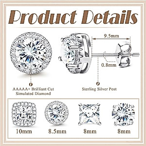 MILACOLATO Cubic Zirconia Stud Earrings Women Men 18K White Gold Hypoallergenic Sterling Silver Post Earrings Brilliant Large Simulated Diamond Halo Stud Earrings for Sensitive Ears