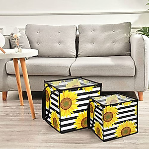 KEEPREAL Sunflower Black and White Stripes Cube Storage Bin with Handles, Large Collapsible Organizer Storage Basket for Home Decorative(1Pack,10.6 x 10.6 x 10.6 in)