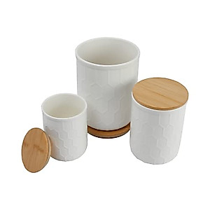 Bloomingville Farmhouse Stoneware Canisters with Honeycomb Design and Bamboo Lids, White and Natural, Set of 3 Sizes