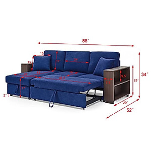 SZUBEE L-Shaped 88" Reversible Pulled Bed Sectional Living Room Furniture with 2 Seats Sofa and Storage Chaise Two Pillows, Navy Blue