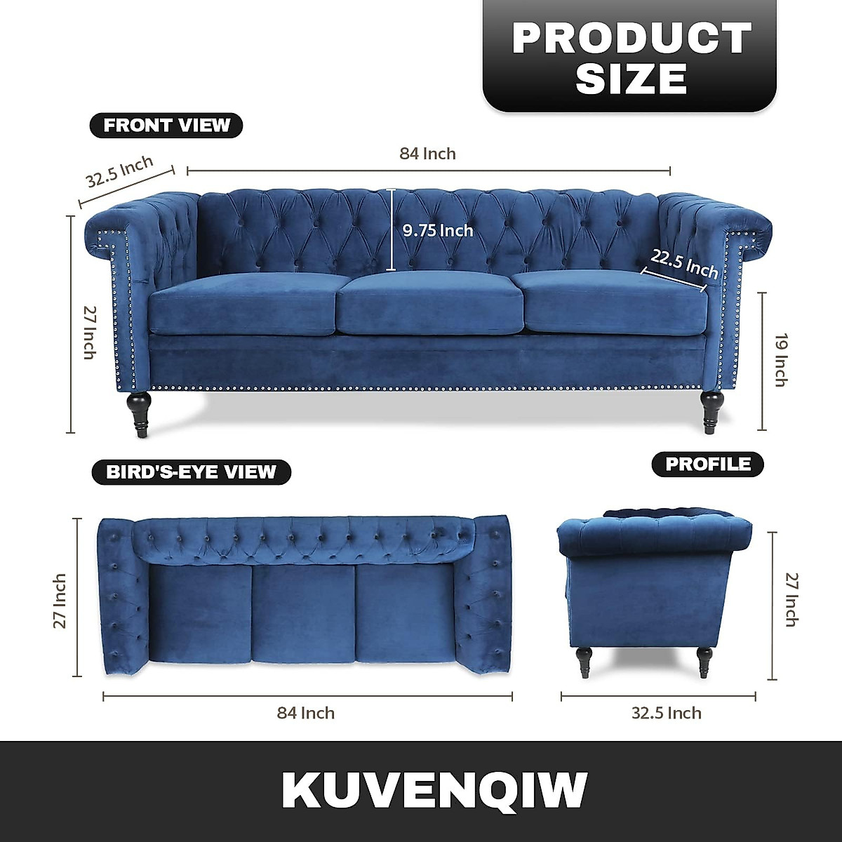 KUVENQIW Modern Chesterfield Sofa Fabric Couch.Button Tufted Nailhead upholstered Three-Seater Sofa for Living Room, Bedroom, Office Lounge.Comfortable and Durable.(Blue)