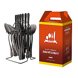 HYCSC Silverware Sets with Holder, Premium Stainless Steel Tableware Set, Mirror Polished Flatware Cutlery Set - Include Knife, Fork and Spoon, Dishwasher Safe, Nice Family Utensil Gift Set (Black)