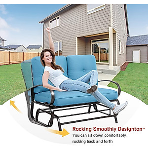 JY QAQA Patio Outdoor Metal Gliders Rocking Bench, Garden Porch Furniture Glider, Wrought Iron Chair Set with Cushion,Beach, Yard, Blue