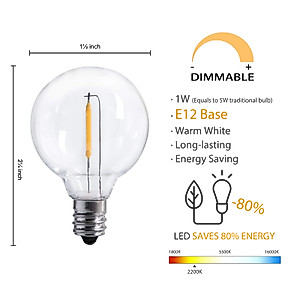 Brightown G40 Led Replacement Light Bulbs 1W Shatterproof Globe Bulb fits E12 or C7 Candelabra Screw Base Sockets, 1.5 Inch Dimmable Light Bulbs for Indoor Outdoor Patio Decor (50Pack)