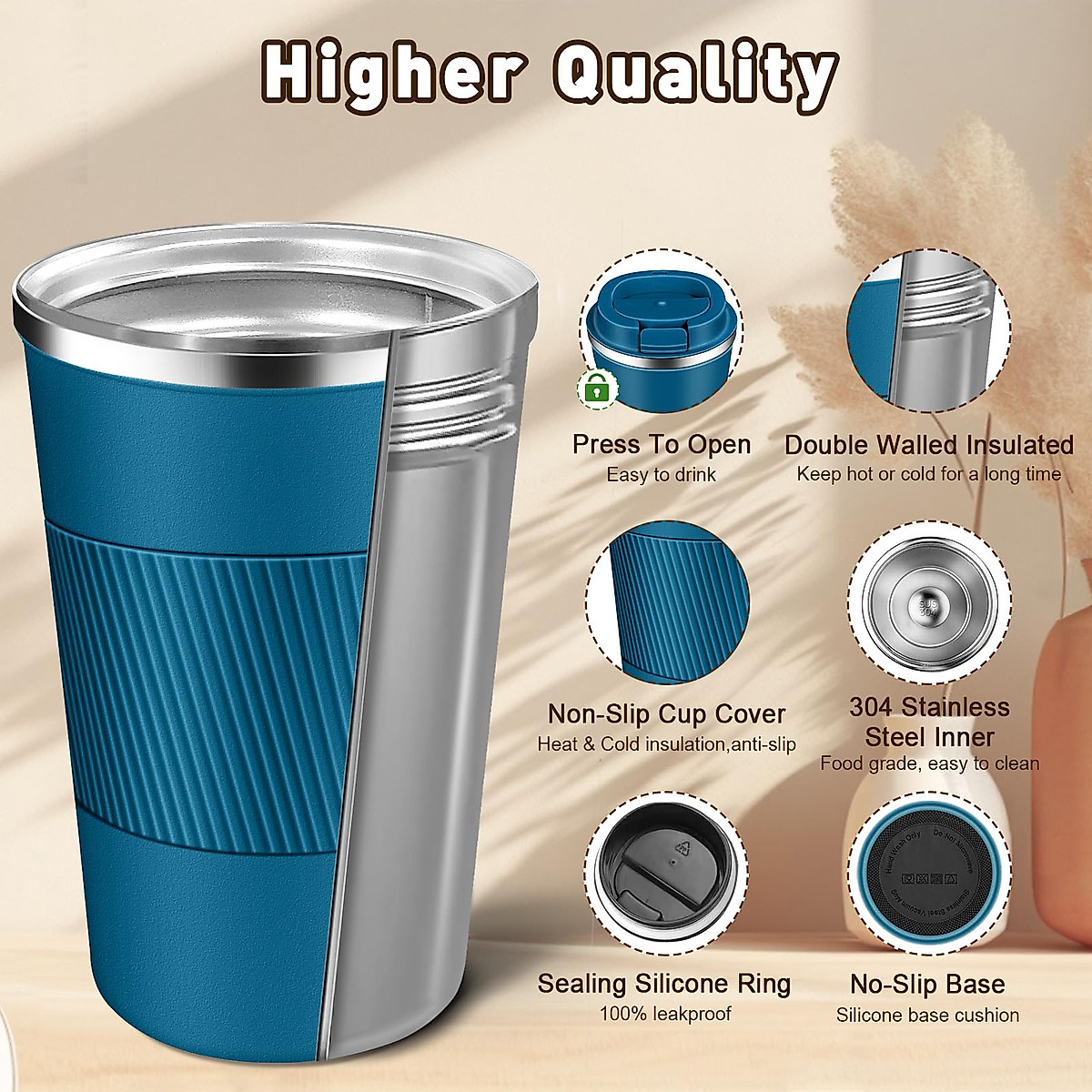 Coffee Travel Mug 12oz & 17oz, Insulated Coffee Mug with Lid, Leakproof Coffee Thermos, Coffee Tumbler for Hot&Cold Drinks, Stainless Steel Reusable Thermal Cup for Men Women