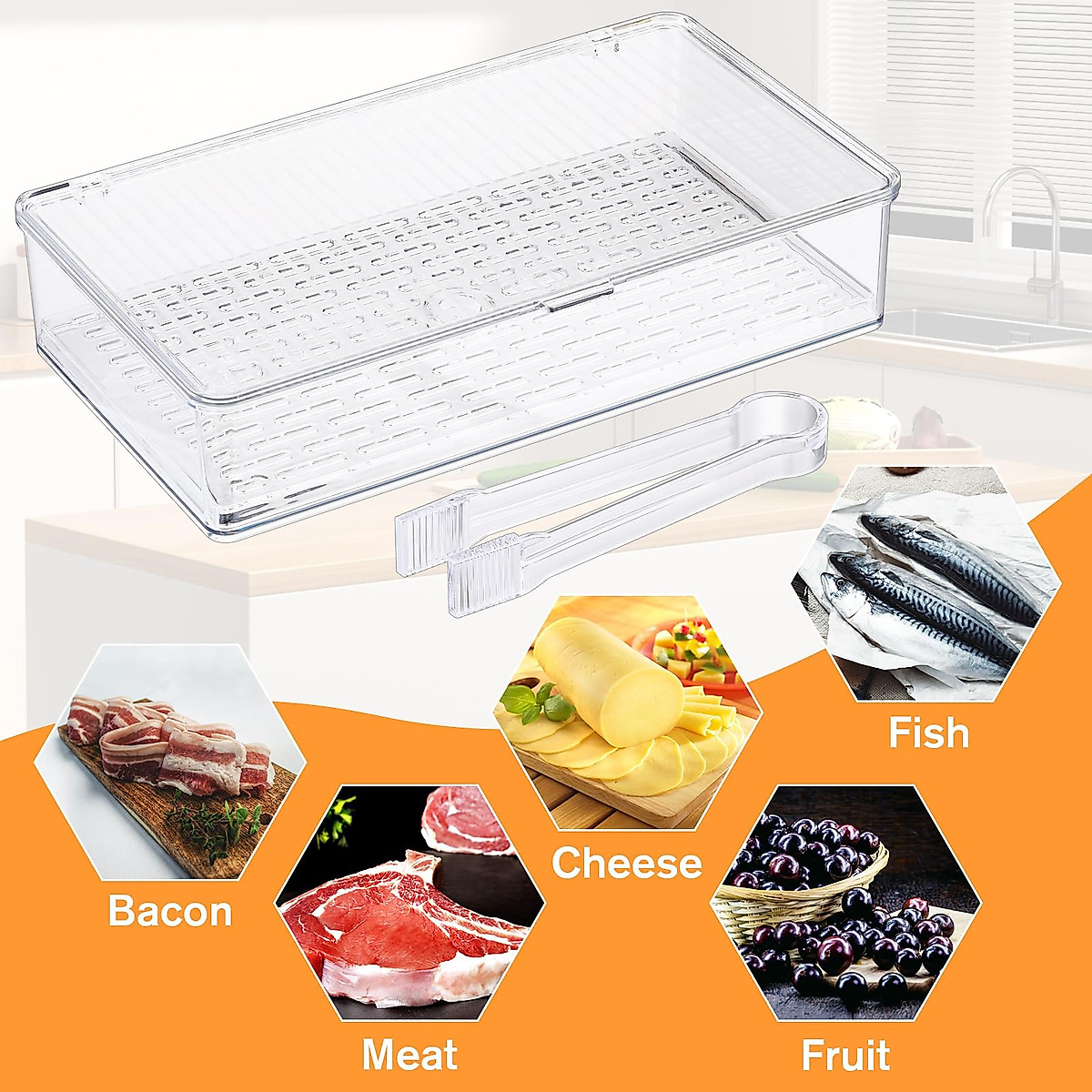 Gandeer 4 Pack Bacon Container for Refrigerator with 2 Acrylic Food Servings Tongs and Drain Plates for Fridge Bacon Holder Deli Meat Cheese Keeper Safe Long Kitchen Food Storage Containers with Lids