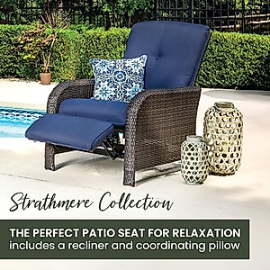 Hanover Strathmere Outdoor Recliner Chair with Thick Foam Weather-Resistant Navy Blue Cushions, Steel Frames, Brown Wicker, Luxury Outdoor Recliner for Patio, Deck, Backyard, or Porch