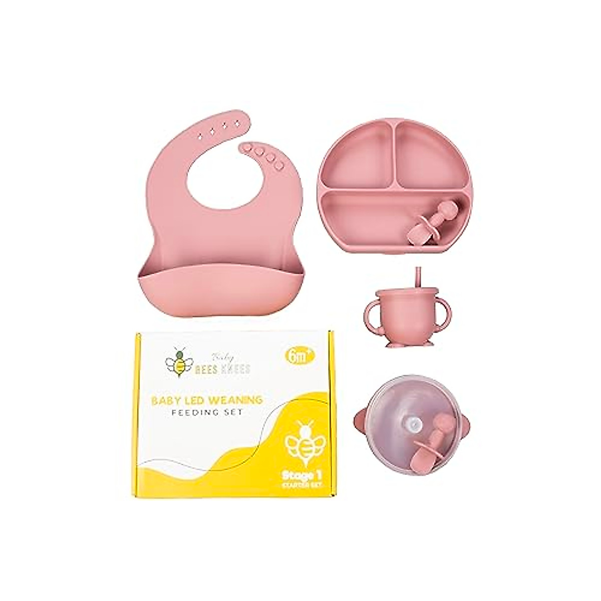 BabyBeesKnees Baby led weaning supplies-complete starter set-Silicone feeding set-suction bowl space saving suction plate self feeding spoons-easy to use solid food eating set 6+months (Dusty Rose)