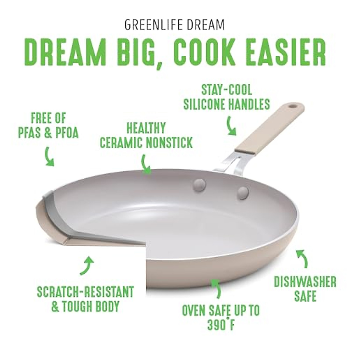 GreenLife Dream 10-Piece Ceramic Nonstick Cookware Set, Pots Frying & Sauce Pans, PFAS-Free & PFOA-Free, Dishwasher & Oven Safe, Stay-Cool Handles, Durable Aluminum Body, Versatile Cooking, Taupe