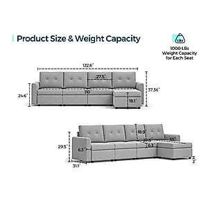 LINSY HOME Rubik III Modular Sofa Sectional Couch with Storage Ottoman, Convertible L Shaped Couch, 5 Seat Sleeper Sofa for Living Room, Apartment, Lounge, Light Grey