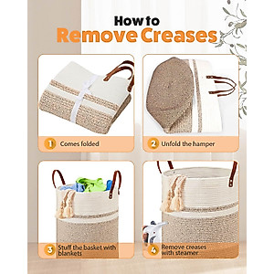 MOXTOYU Laundry Basket, Jute Dirty Laundry Hamper with Leather Handles, Woven Laundry Basket for Pillows, Blankets, Toys, Decorative Basket for Living Room, Bathroom, Bedroom - 72L Brown & White