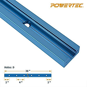 POWERTEC 71066 36 Inch Double-Cut Profile Universal T-Track with Predrilled Mounting Holes, 1PK, Aluminum T Track for Woodworking Jigs and Fixtures, Drill Press Table, Router Table, Workbench