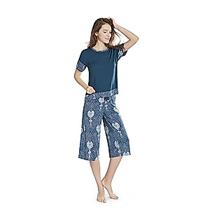 INK+IVY Pajamas for Women - Short Sleeve and Capri Pants PJ Set Loungewear, Casual Soft Breathable Sleepwear, Large, Bohemian Night Navy 2 Piece