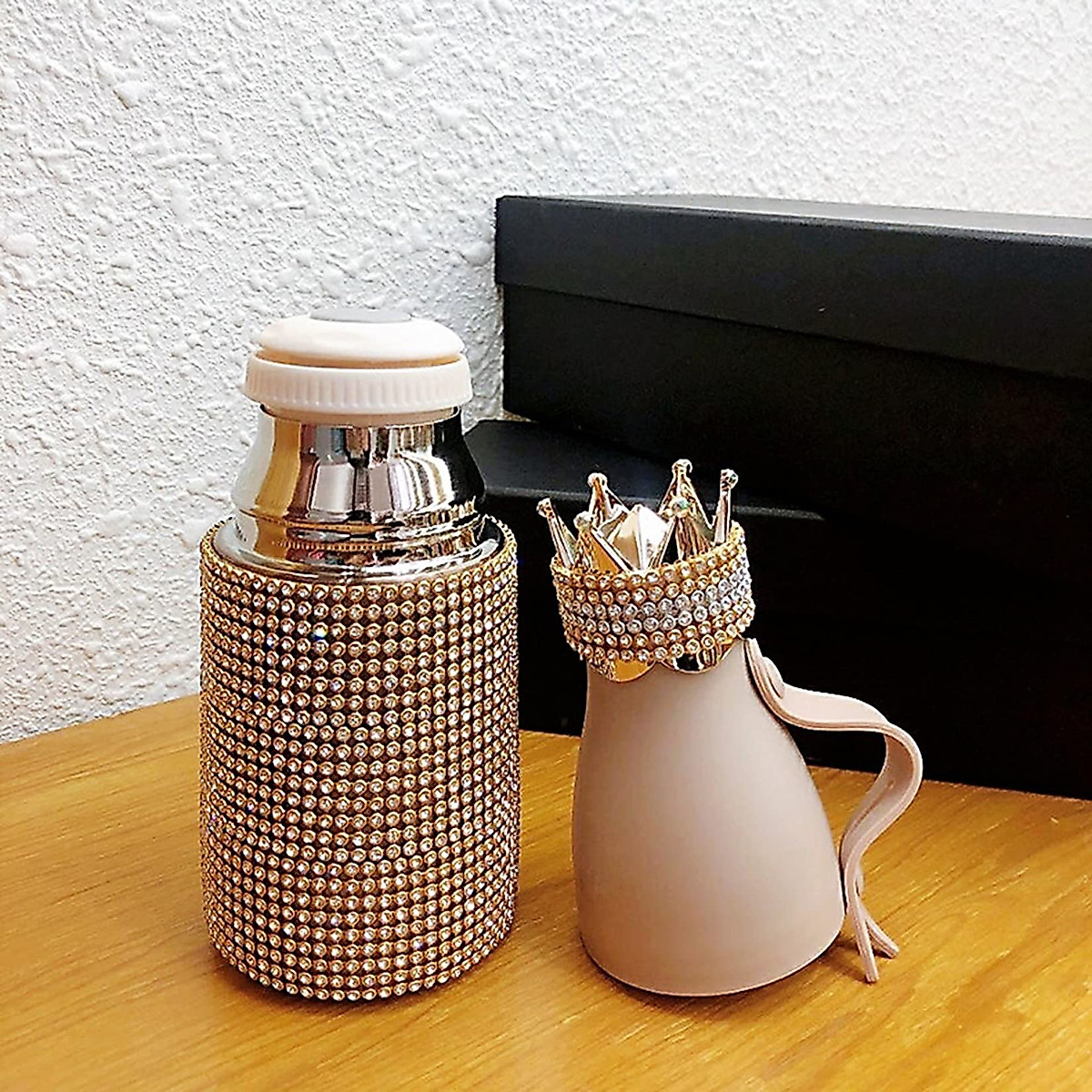 HLONGG Stylish Rhinestone Stainless Steel Water Bottle Portable Insulated Bottles Diamond Water Bottle Fashion Double Walled Vacuum with Lid Water Bottle,Gold1