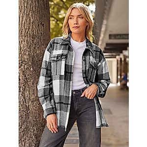AUTOMET Womens Fall Outfits Fashion Clothes Shackets Flannel Plaid Button Down Long Sleeve Shirts Jackets Grey M