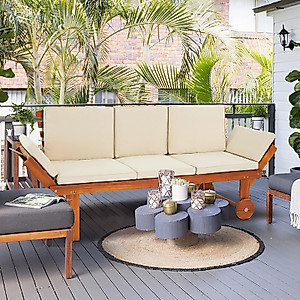 Outvita Acacia Wood Patio Convertible Couch Sofa Bed w/Adjustable Armrest & Wheels, Outdoor Daybed w/Removable Cushions & Pillows, Folding Chaise Lounge Bench for Porch Courtyard Poolside(White)