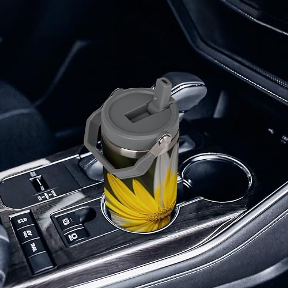WITHSBKK 30oz Car Cup Yellow Gray Flower Printed with Portable, Stainless Steel Travel Mug, Vacuum Insulated Tumbler And Straw, Leakproof for Car & Outdoor, UV Printed Design