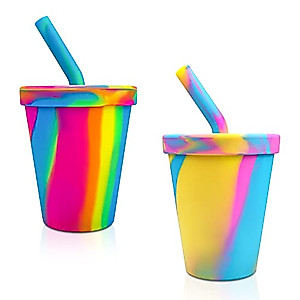 TQONEP Toddler Cups,Silicone Sippy Cups for Kids,Toddler Cups Spill Proof with Straws Leakproof Lid,Sippy Cups for Baby 6 Months,Applicable to Toddler & Kids,9 OZ(Rainbow+Yellow)