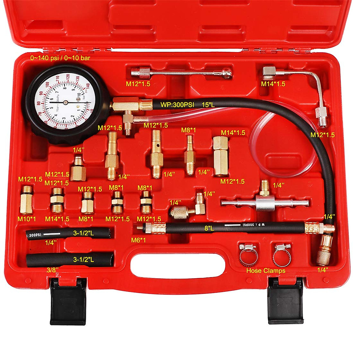 JIFETOR Fuel Injection Pump Pressure Tester Gauge Kit, Car Gasoline Gas Fuel Oil Injector Test Manometer Tool Set 0-140PSI, Universal for Auto Truck SUV Motorcycle ATV RV