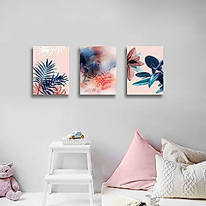Canvas Wall Art for Girls Bedroom Bathroom,3 Pieces 12" X 16" Tropical Botanical Prints Abstract Watercolor, Modern Navy Blue Leaf Picture Artwork Framed Ready to Hang, Teen Girls Woman Room Blush Pink Decor