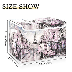 MFTJYO Storage Bin with Lid Romantic Couple Paris Street Scene Foldable Storage Box Washable Fabric Storage Cubes Bin Organizer Basket Closet for Home Bedroom Closet Nursery Office