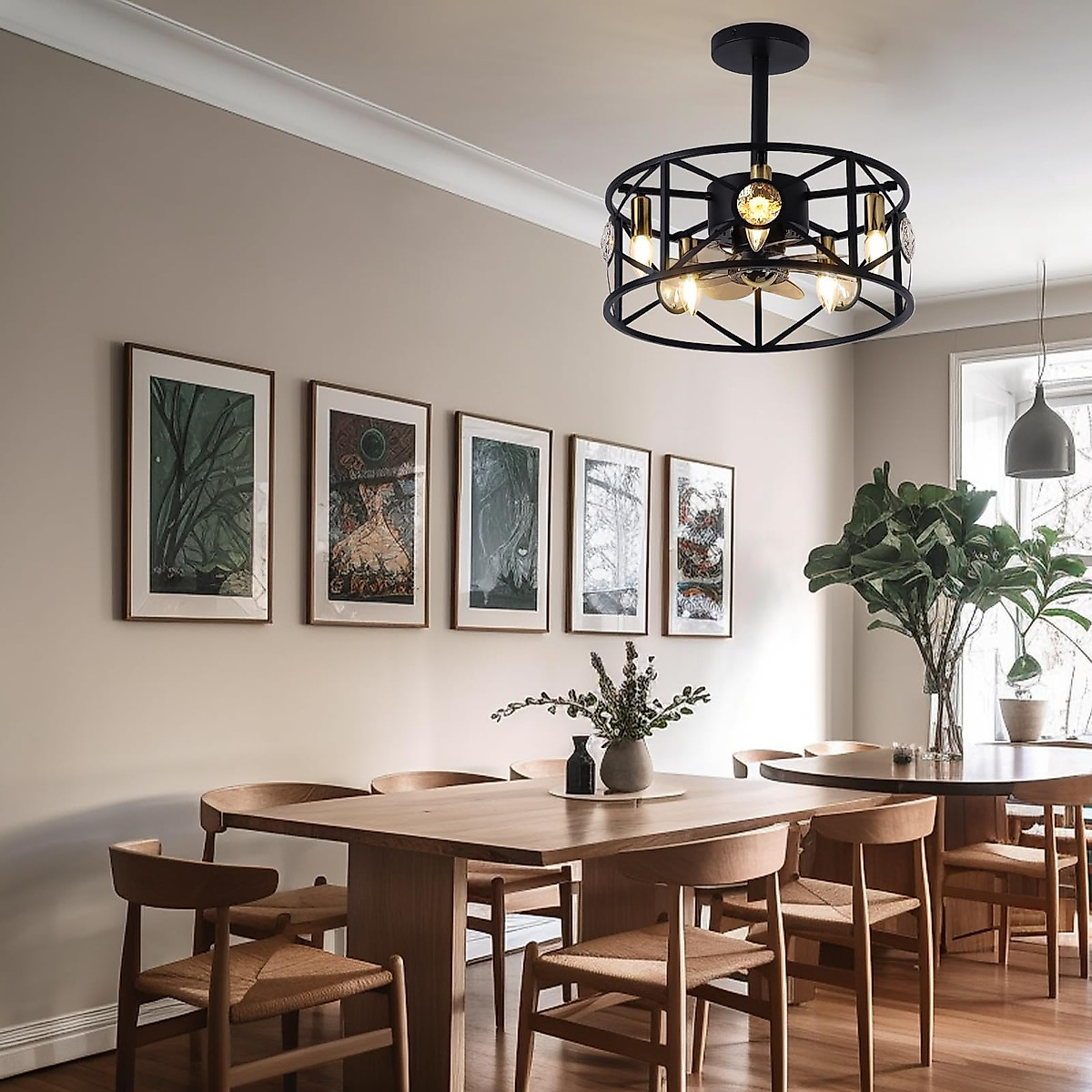 PAZALA Ceiling Fan with Light - Black Caged Ceiling Fan with Lights and Remote, Rustic Farmhouse Chandelier Ceiling Fan with 5 Lights, 3 Speed Reversible Airflow