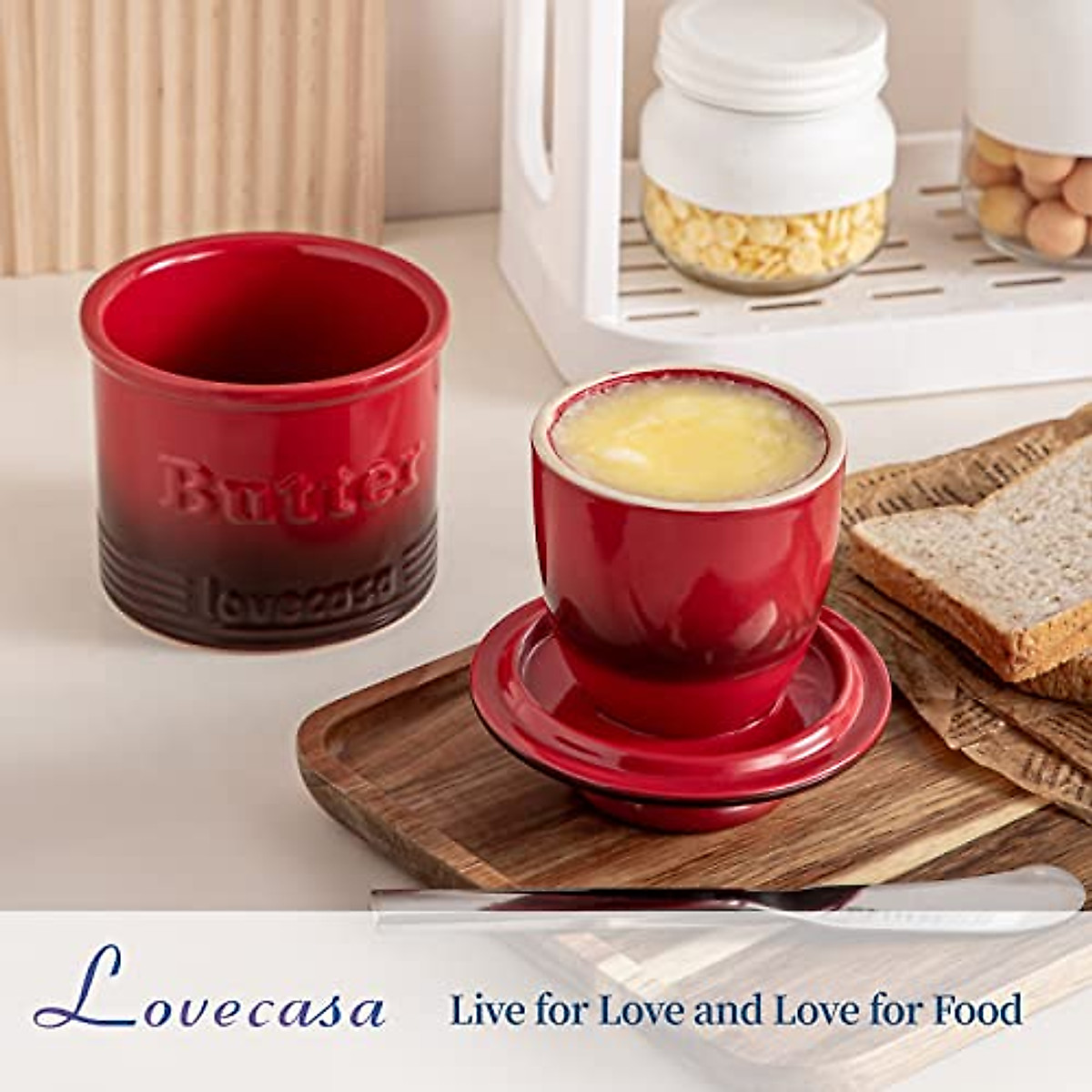 Porcelain French Butter Crock, LOVECASA Butter Dish for Counter with Water Line, Butter Keeper with Lid, Ceramic Butter Container, No More Hard Butter, Perfect Spreadable Consistency(Red)