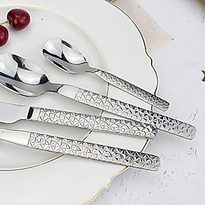 Silverware Set Flatware Cutlery Geometric Hammered Stainless Steel Kitchen Utensils Tableware，Mirror Finished，Service with Steak Knives Dinner Fork Knife Spoon