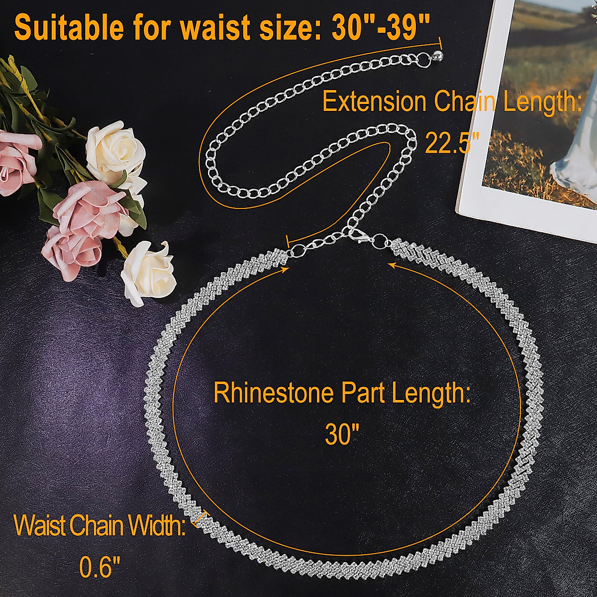 Lovful Bling Rhinestone Belt,Crystal Chain Belt for Women Dresses,Sparkly Diamond Glitter Waist Belts,Silver