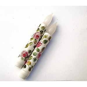 Romantic Decorative Battery Operated 6 Inch Short Flameless Taper Candles with Hand Painted Pink Roses Spring Decor