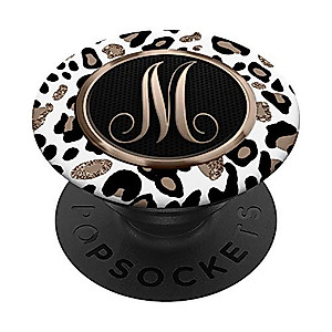 White Leopard Print Cheetah Monogram Initial "Letter M" PopSockets Swappable PopGrip
