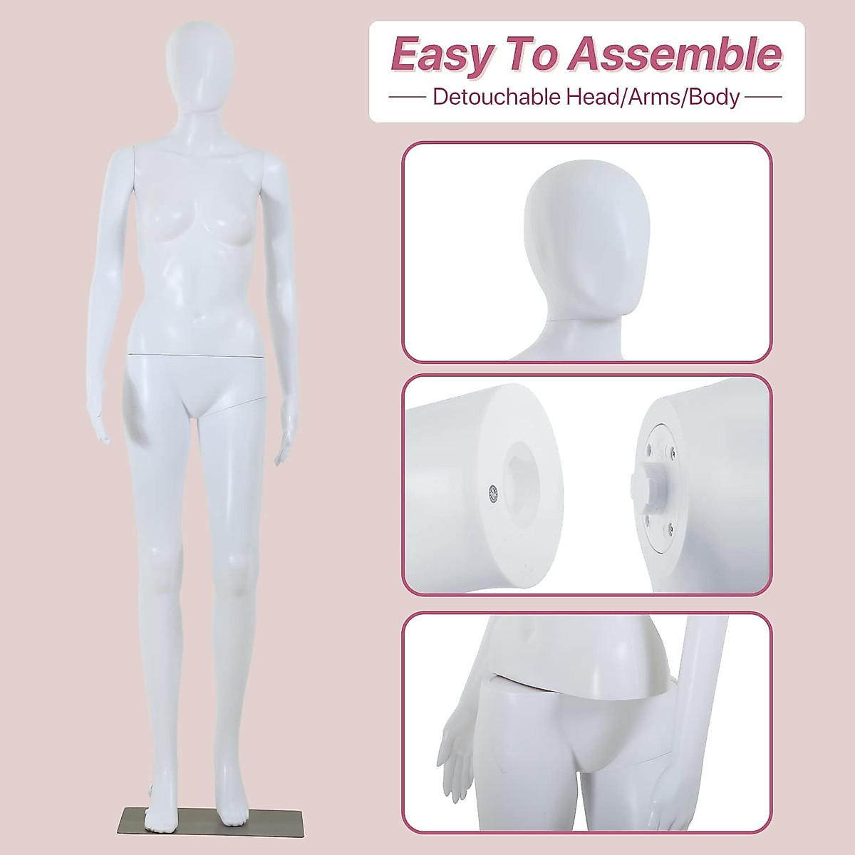 Female Mannequin Full Body 69" High Adjustable Realistic Manikin Torso with Metal Base for Display Women, Plastic Head Turns Poseable Mannequin Stand, White