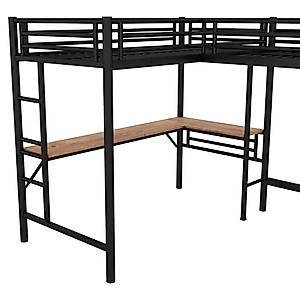 MERITLINE Metal Twin Size L-Shaped Loft Bed, Twin Size Loft Bed Frame with Two Built-in Desks Underneath for Kids Boys Teens, Black