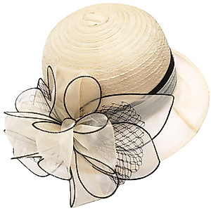 Organza Fascinator Tea-Party Derby-Hats for Women - Flower Wide Brim Church Sunday Sun Hat (US, Alpha, Medium, Beige)
