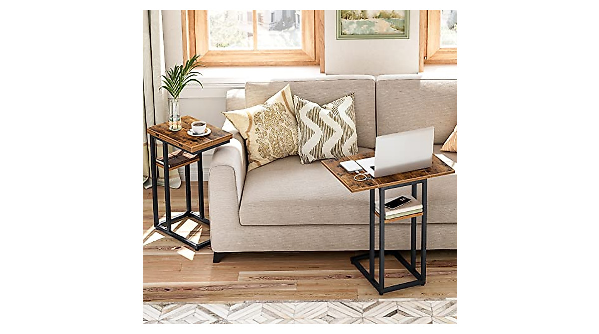 HOOBRO Foldable C Shaped Side Table - Rustic Storage Solution