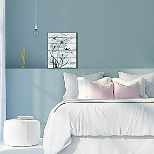 Visual Art Decor Abstract Teal Dragonfly with Dandelions Rustic Wood Texture Background Canvas Wall Art Prints Gallery Wrapped Picture Ready to Hang for Home Office Bedroom Living Room Wall Decoration