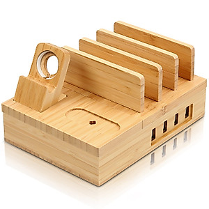 Bamboo Charging Station for Multiple Devices, OthoKing 6 USB Ports Wood Charging Docking Station Organizer for Apple/AirPods/Watch/iPad/Samsung/Android/Tablet, 6 Mixed Cable Included