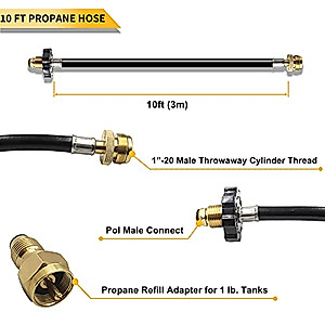 LONGADS 10FT Propane Hose Adapter 5lb to 100lb,High Pressure Propane Adapter Hose for Camping Stove, Outdoor Heater, 1 LB Portable Grill to LP Cylinder POL Connection