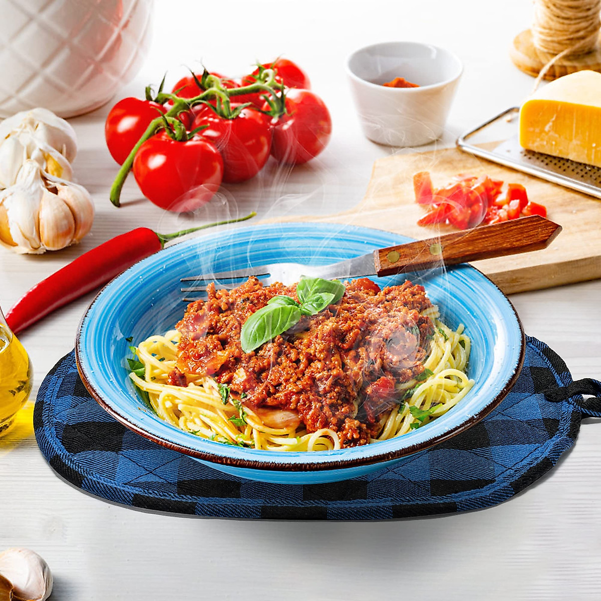 GROBRO7 5Pcs Pot Holder with Pockets Cotton Black and Blue Plaid Oval Potholder Machine Washable Oven Mitt Heat Resistant Hot Pad Multipurpose Potholders for Kitchen Baking Cooking Grilling 10 x 8 in