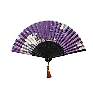 Decorative Folding Fans Folding Hand Fan for Women - Chinese Style Vintage Hand Held Fan, Folding Paper Fan with Hollow Carved, Retro Tassel Pendant Hand Fan Gift Hand Fan Vintage Style (Color : Purp