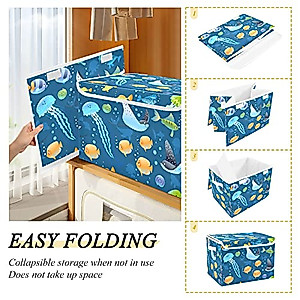 CaTaKu Blue Sea Fish Storage Bins with Lids and Handles, Fabric Large Storage Container Cube Basket with Lid Decorative Storage Boxes for Organizing Clothes