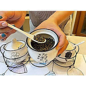 Ceramic Spice & sugar Jars, with Lids Spoons and Shelf,Porcelain Condiment Kitchen Jar Spice Container Set, 230 ML,3 Pcs