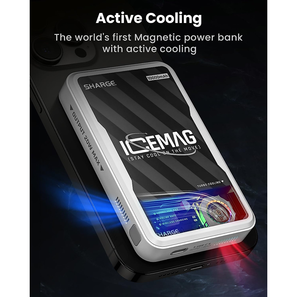 sharge ICEMAG Magnetic Power Bank, World's First 10000mAh Battery Pack with Active Cooling for MagSafe, Transparent Portable Charger with 20W USB-C Input/Output for iPhone15/15 Pro/15 Pro Max/ 14/13