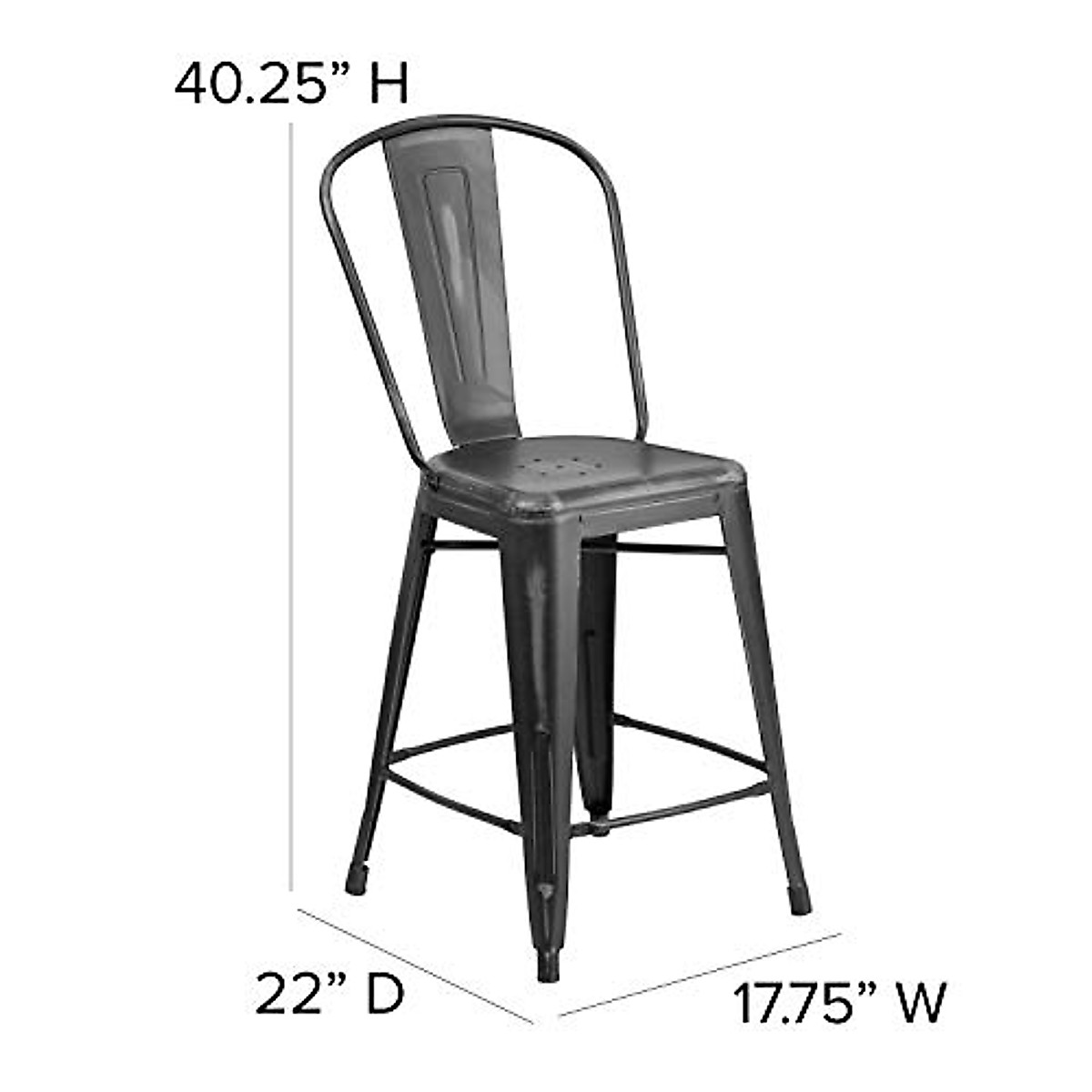 Flash Furniture Carly Commercial Grade 24" High Distressed Black Metal Indoor-Outdoor Counter Height Stool with Back