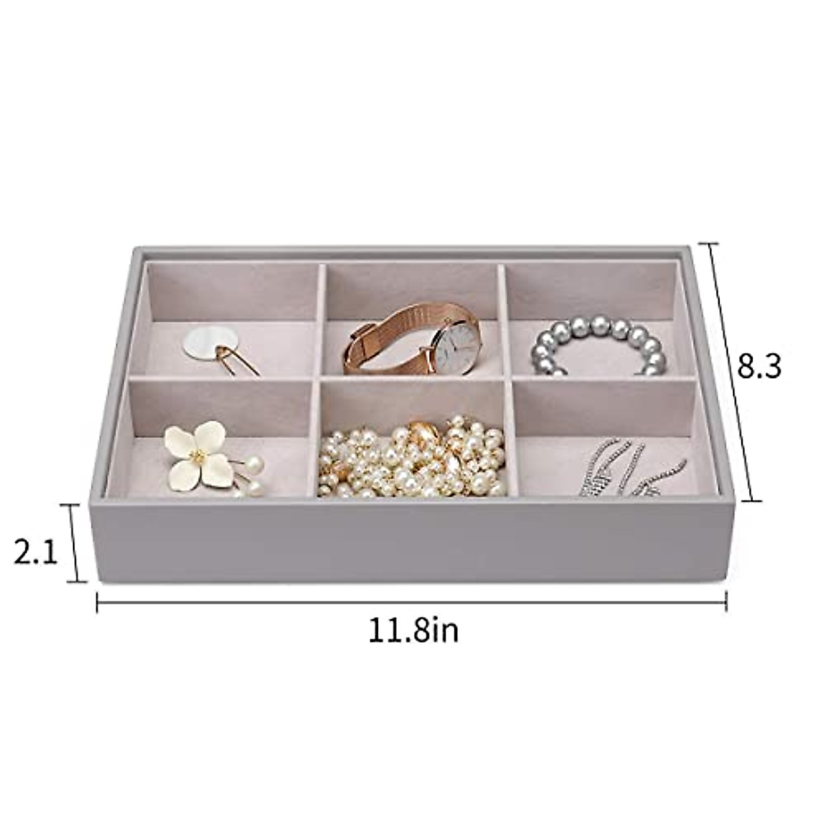 Vlando Miller Jewelry Tray-Six compartment,Multiple Color Combinations, Large Capacity Multi-Layer Design and Fashion(Grey)