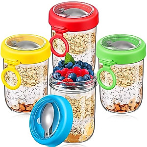 RTWDKFQ 4 Pack overnight oats containers with lids and Spoons,16-Oz Glass Mason Jars oatmeal container, Leak-proof meal prep jars for Milk, Vegetable, and Fruit Salad Storage