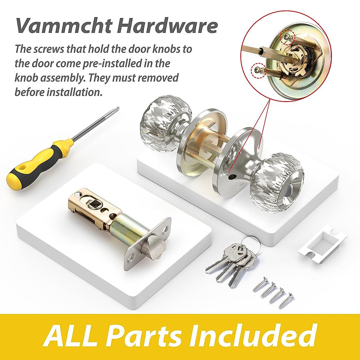 Vammcht Door Knob with Lock, Crystal Door Knobs Interior with Keys, Modern Diamond/Glass Door Lock Heavy Duty for Bedrooms Entrance Office, Polished Chrome Door Handles